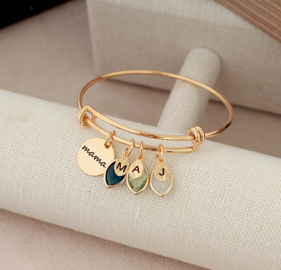 Personalized Mama Bracelet, Leaf Initial Charm, Birthstone Bangle ...