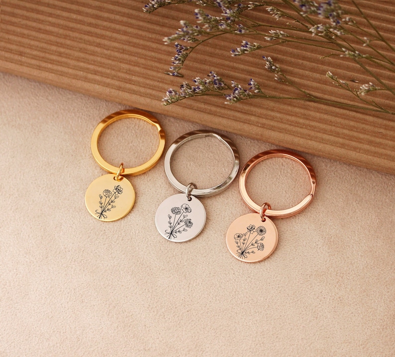 Combined Birth Flower Keychain, Personalized Birth Flower Bouquet ...