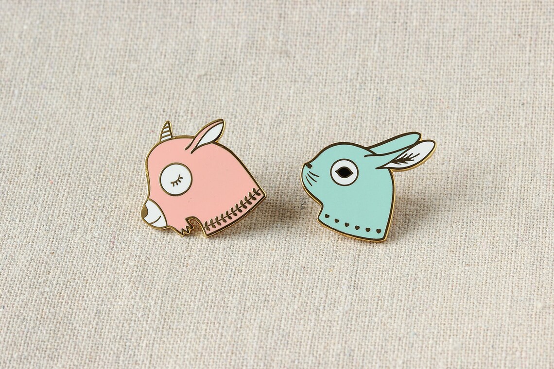 Set of Two Cute Pins in Gold Metal and Resin - Baby Pink Goat and Mint ...
