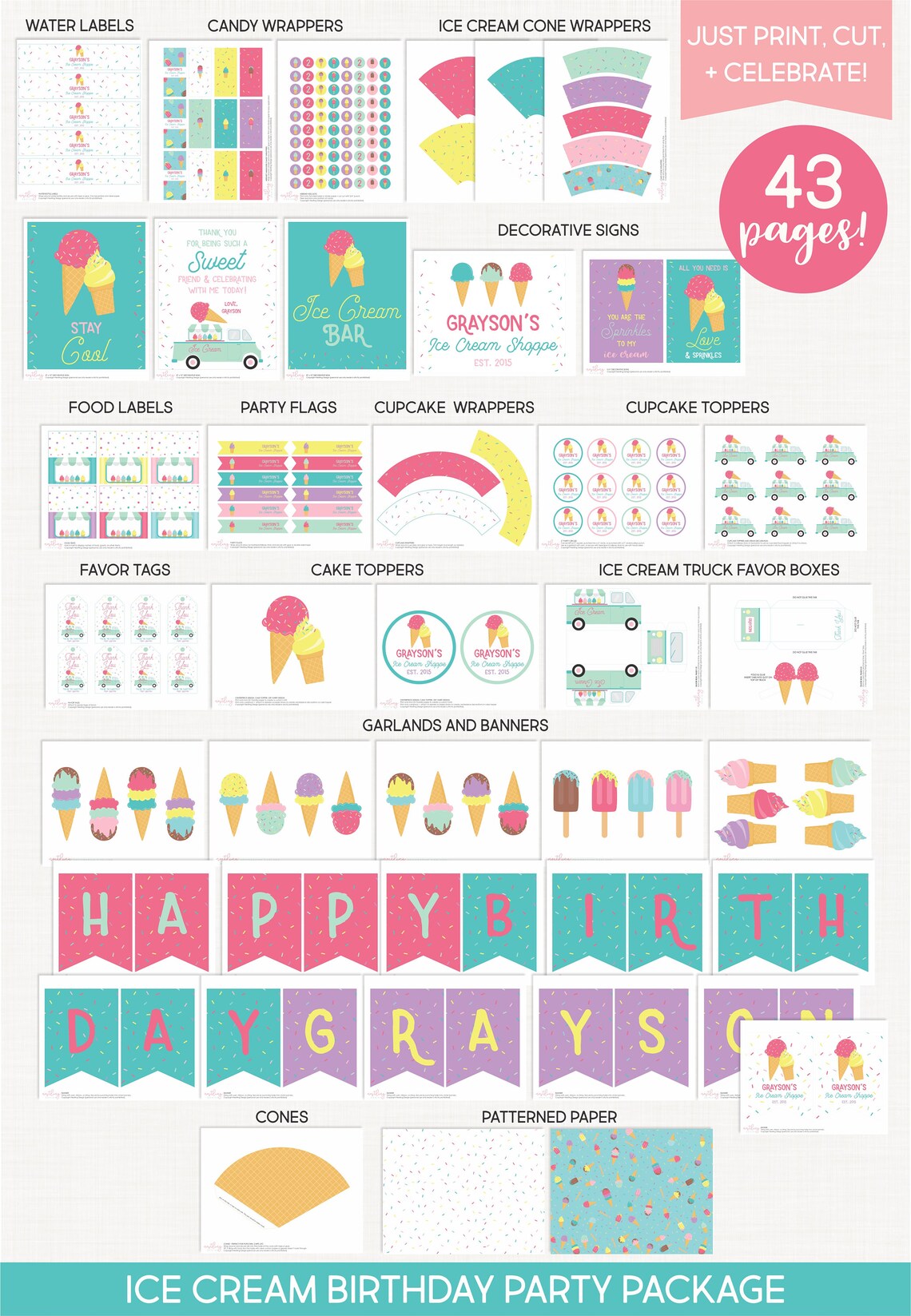 Ice Cream Birthday Party Package Printable Ice Cream Party - Etsy