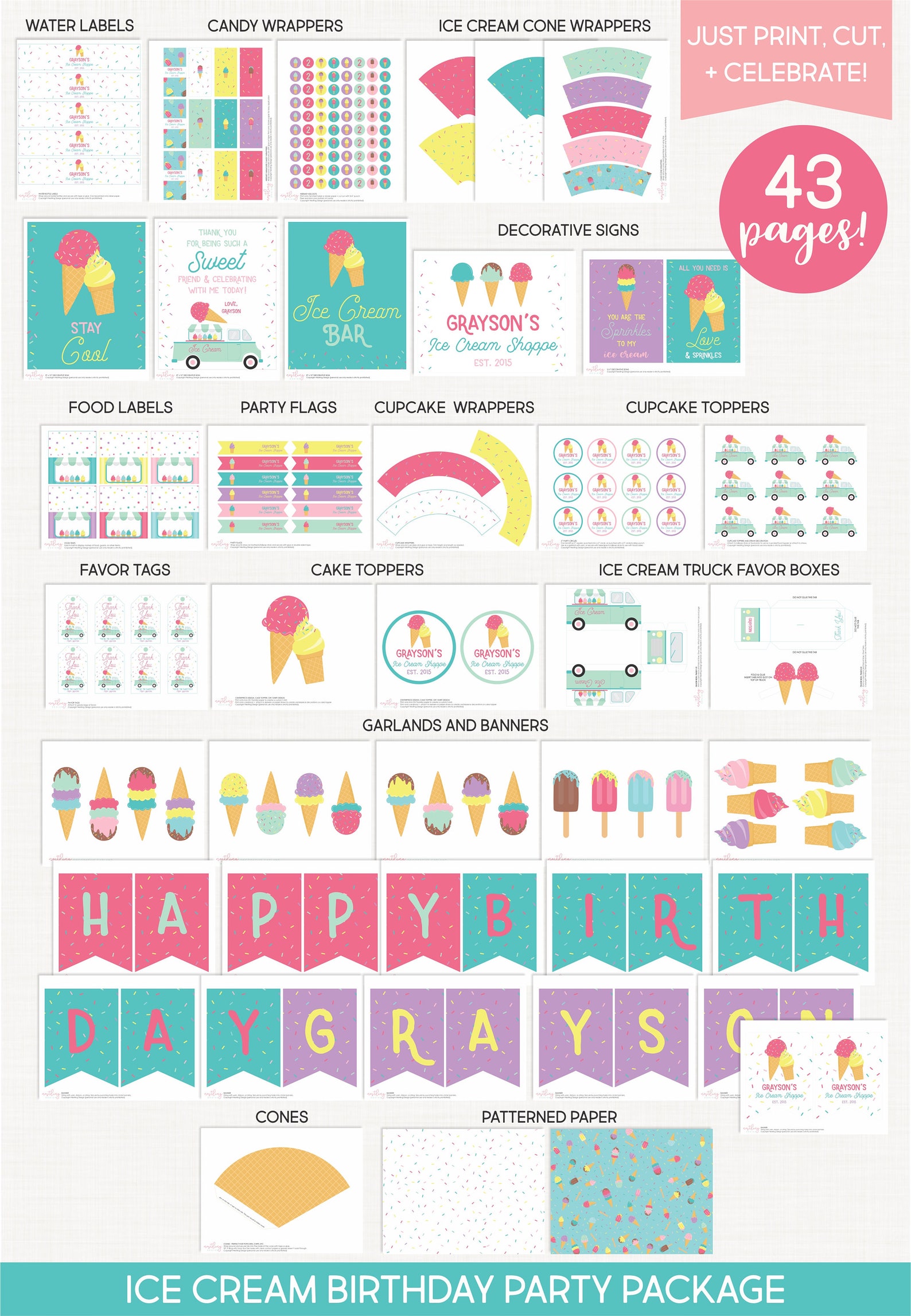 Ice Cream Birthday Party Package Printable Ice Cream Party - Etsy