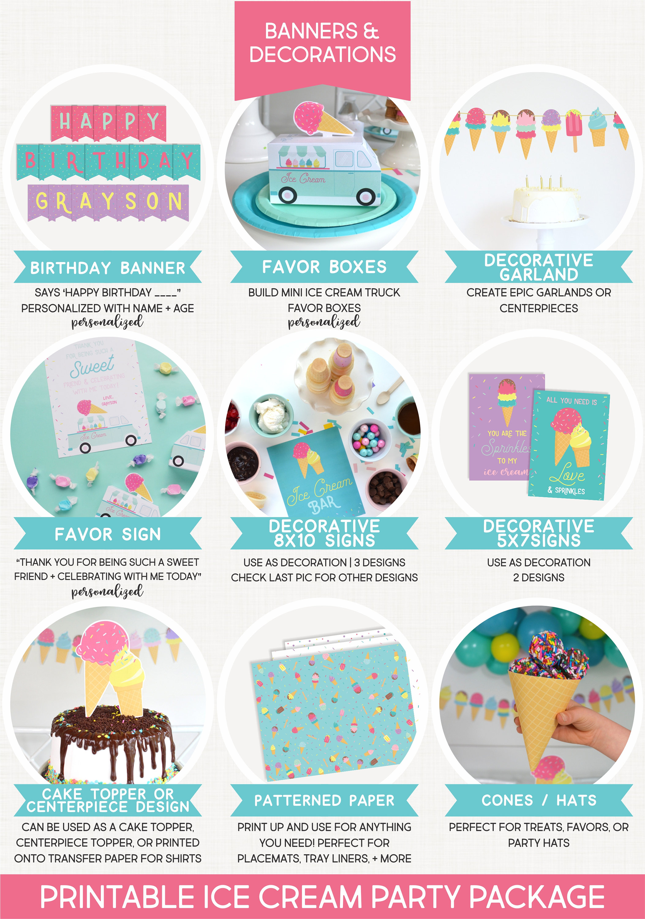 Ice Cream Birthday Party Package Printable Ice Cream Party - Etsy