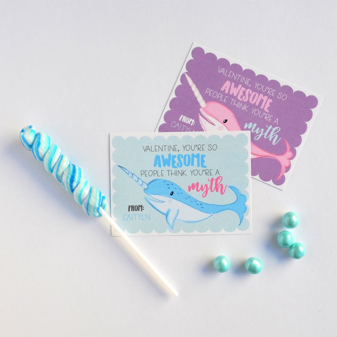 Narwhal Valentines Cards Classroom Valentines Valentine's Day Printable ...