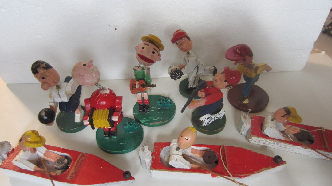 9 JAPAN BOBBLE HEADS spring Nodders Vintage Wood Figures 1950's Small ...