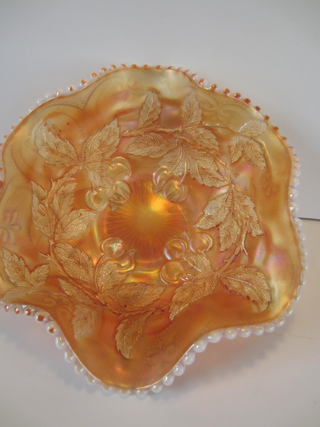 DUGAN Peach Opal, Carnival Glass Vintage Bowl** Jeweled Heart and ...