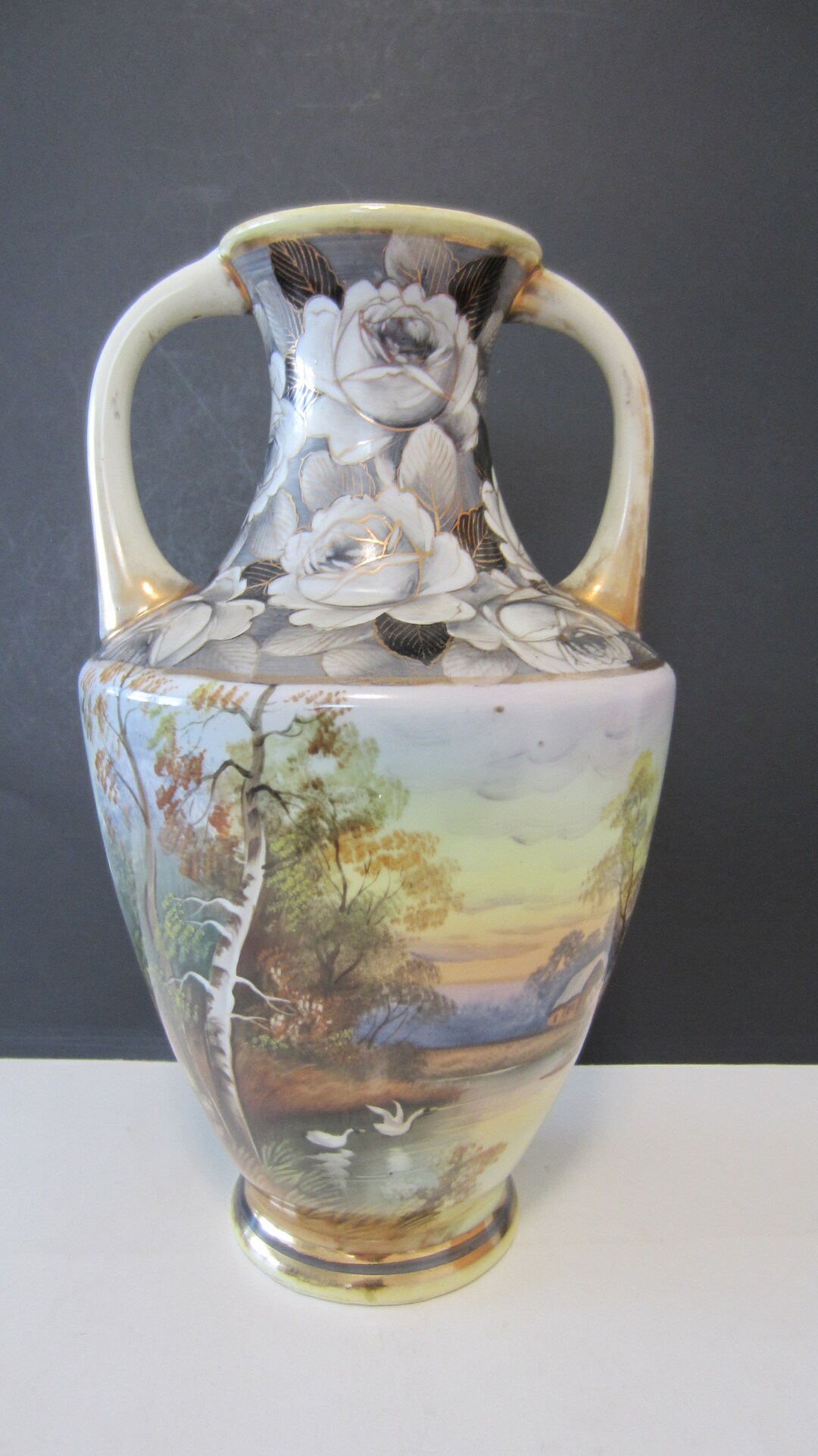 MORIMURA NIPPON Large Beautiful Hand Painted Vase wonderful Lake Scene ...