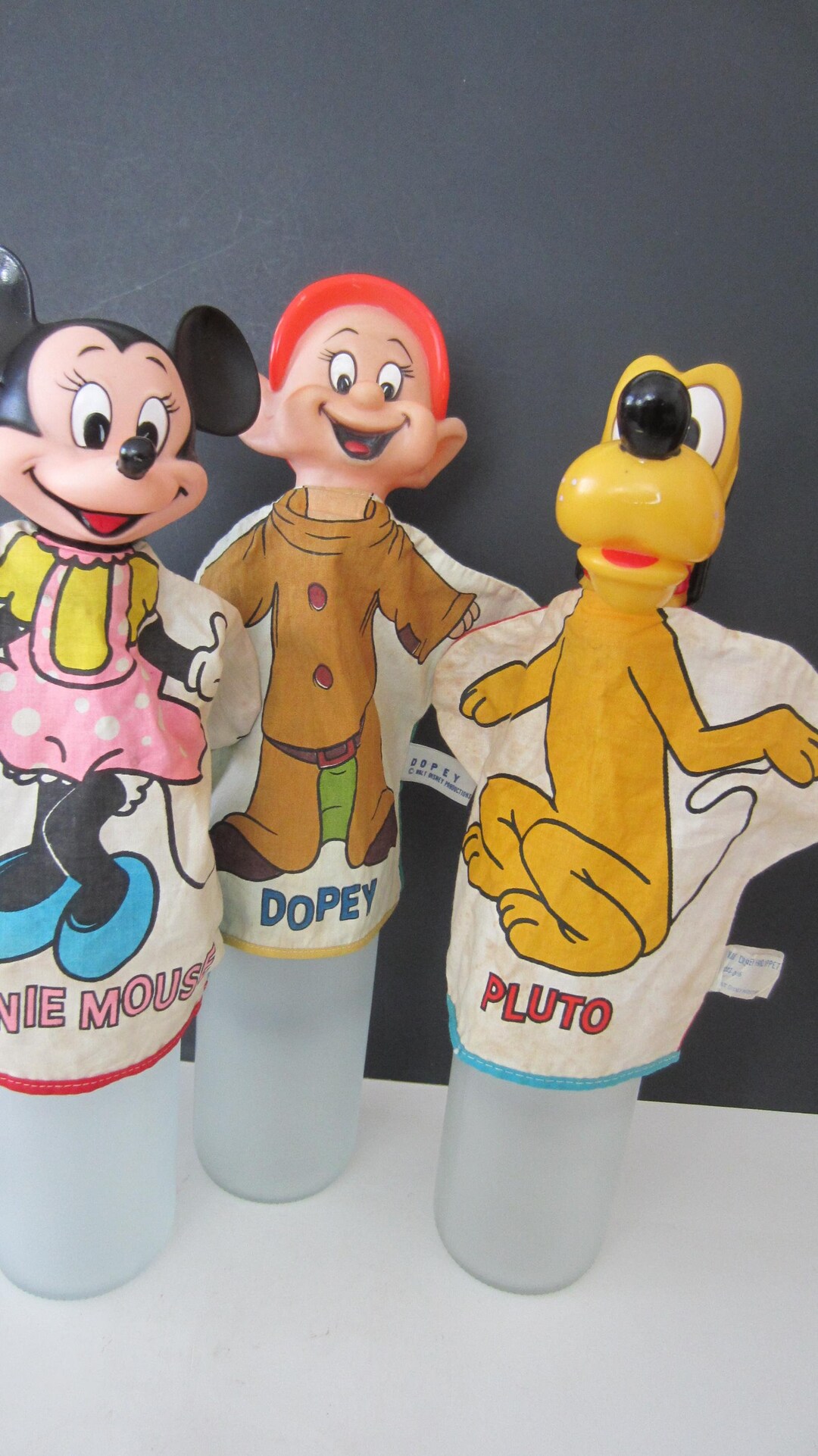 Three DISNEY Vintage HAND PUPPETS 1960's * Minnie, Pluto , Dopey ...