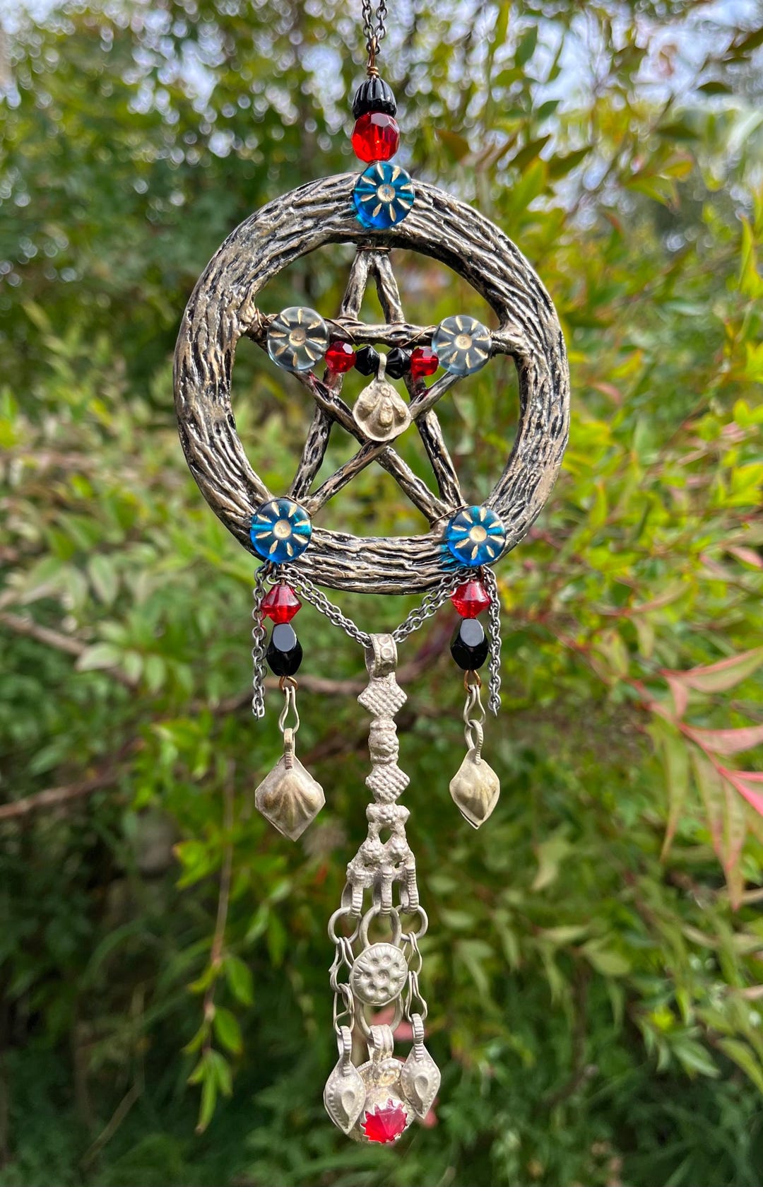 Pentacle Painted Clay Sculpture With Vintage Charms, Glass Beads, Red ...