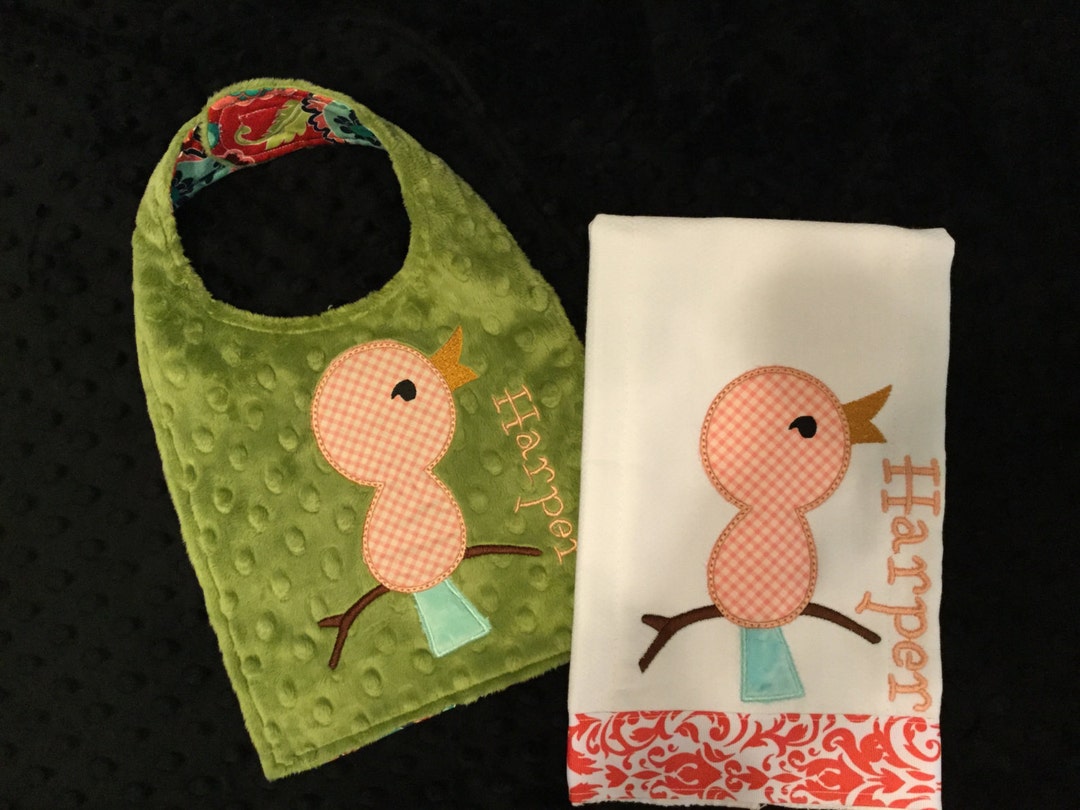 Kiwi Birdie Burp and Bib Set/birdie Bib/birdie Burp Cloth/girls Burp ...