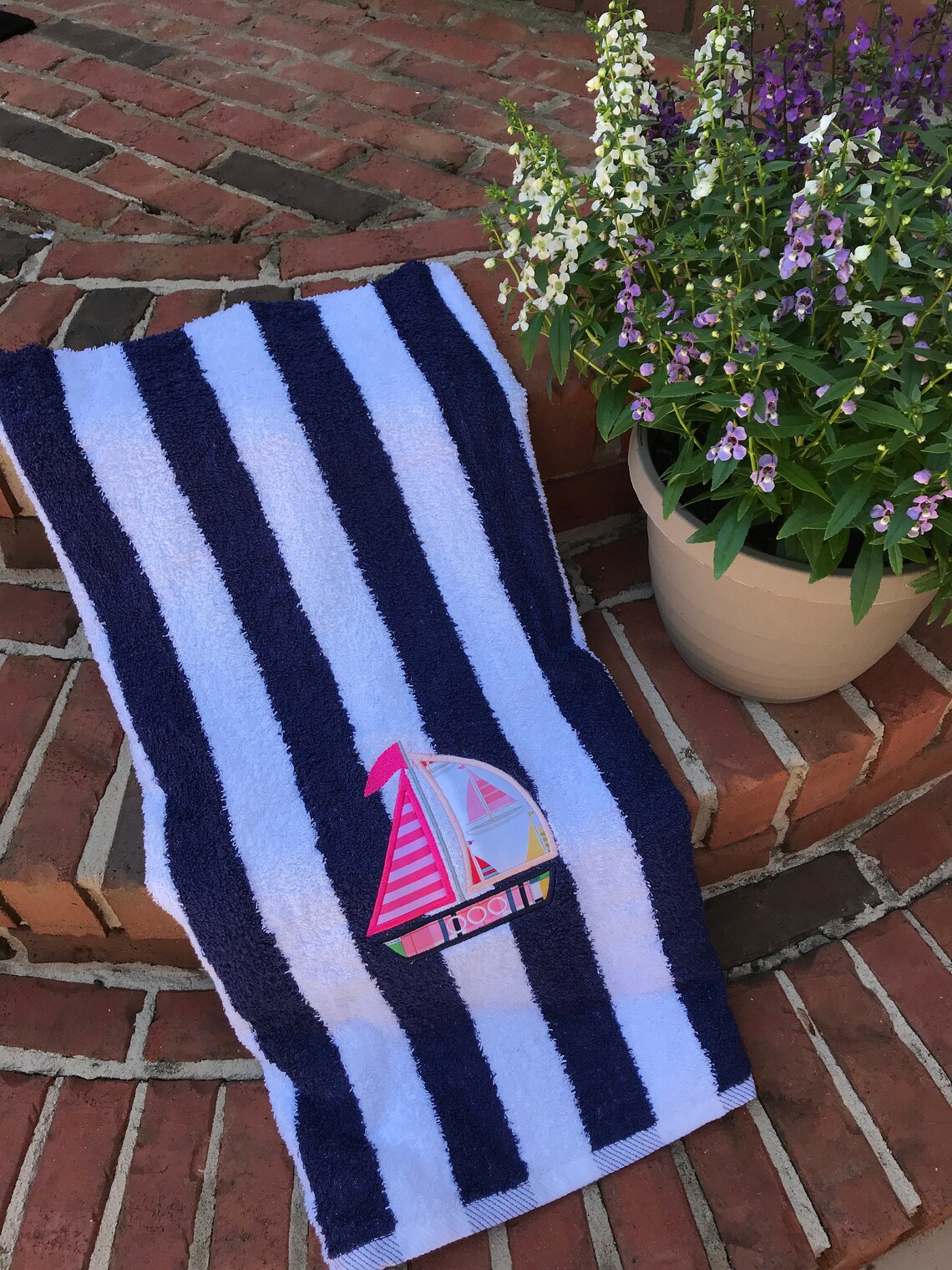 Navy Striped Sailboat Beach Towel/beach Towel/cabana Beach Towel ...