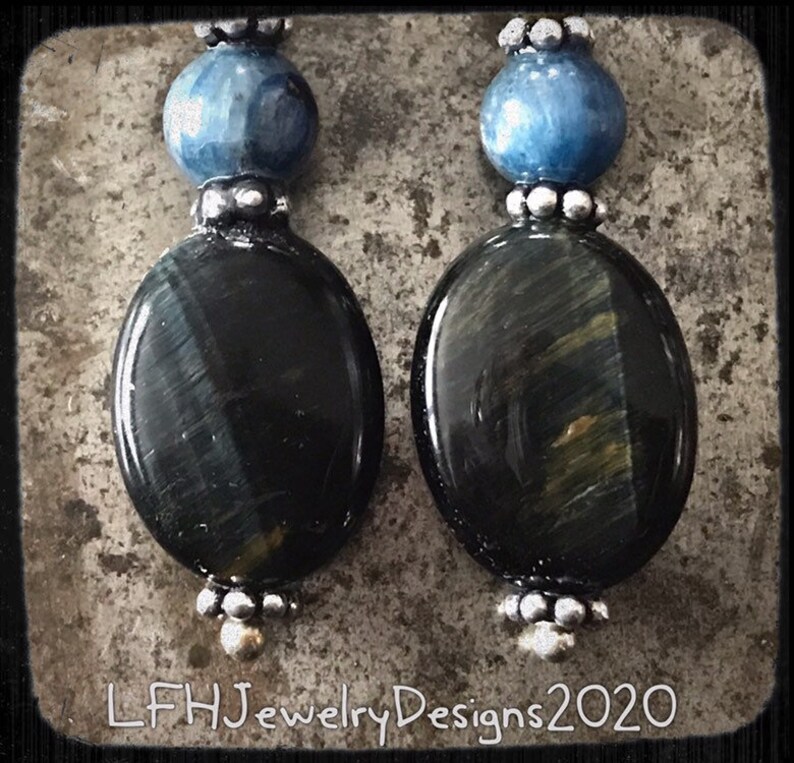 Blue Tiger Eye Kyanite Earrings Hawkeye Ovals Kyanite Spheres - Etsy