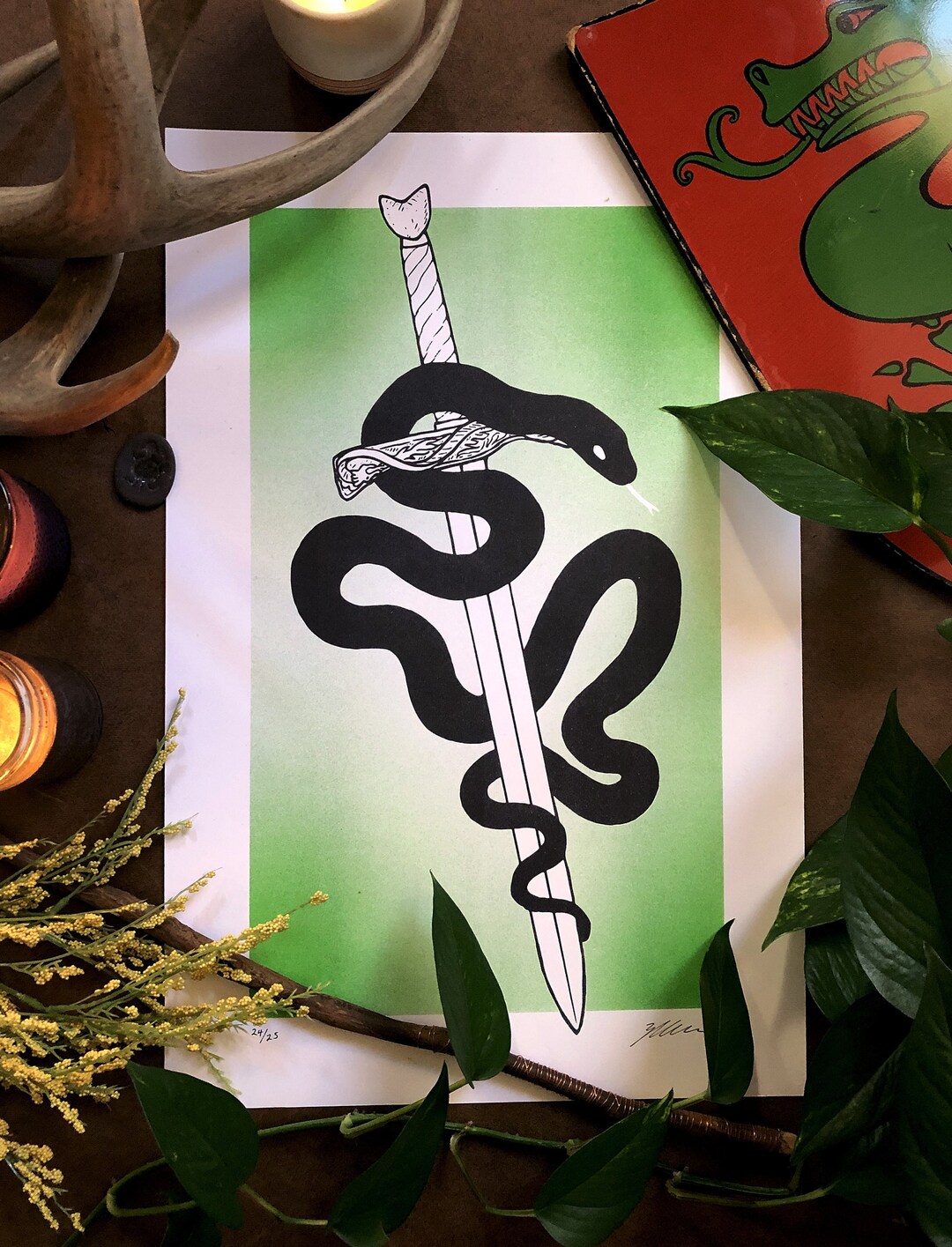 Serpent and Sword Risograph Art Print Cool Snake on a Cool - Etsy