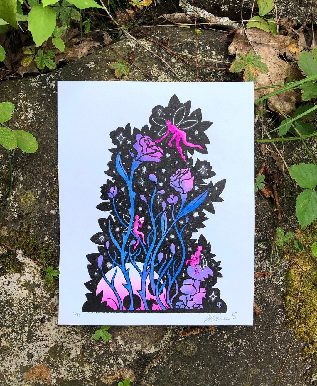 Faerie Garden Risograph Art Print Fairy and Flowers and Skull - Etsy