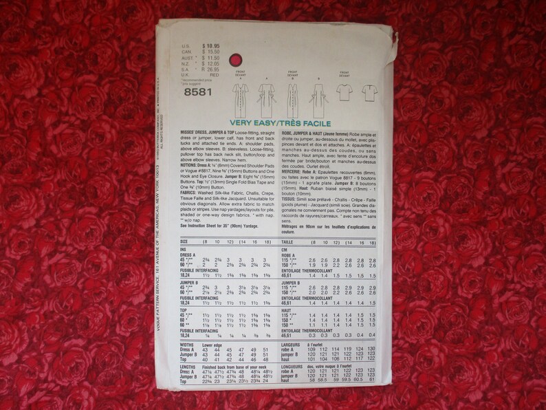 Vintage 1990s Vogue Sewing Pattern 8581 Misses Dress Jumper and Top ...