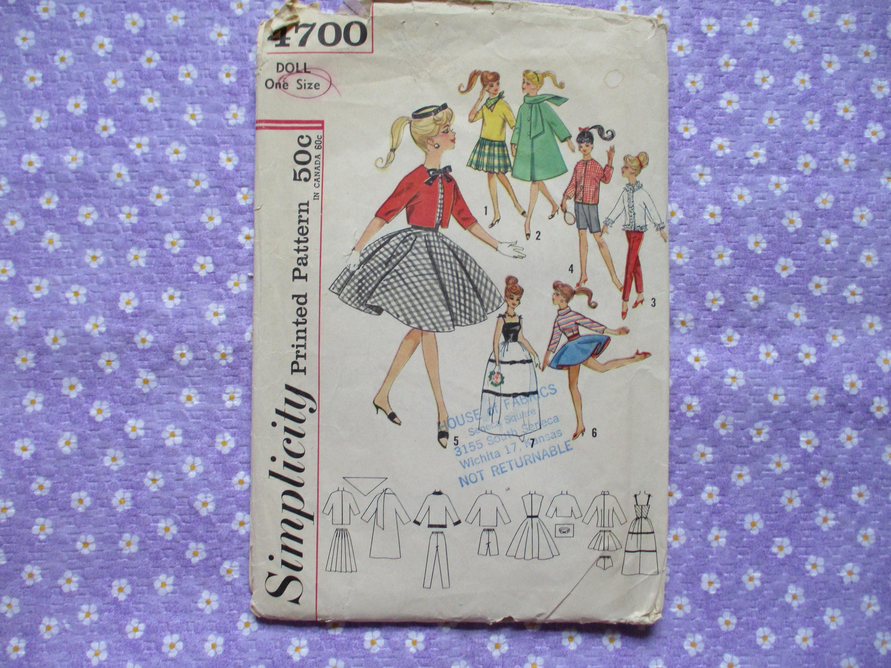 Vintage 1960s Simplicity Sewing Pattern 4700 Barbie Doll Clothes Dress ...
