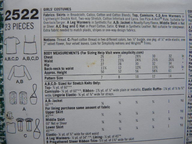 2000s sewing pattern Simplicity 2522 girls' costumes | Etsy