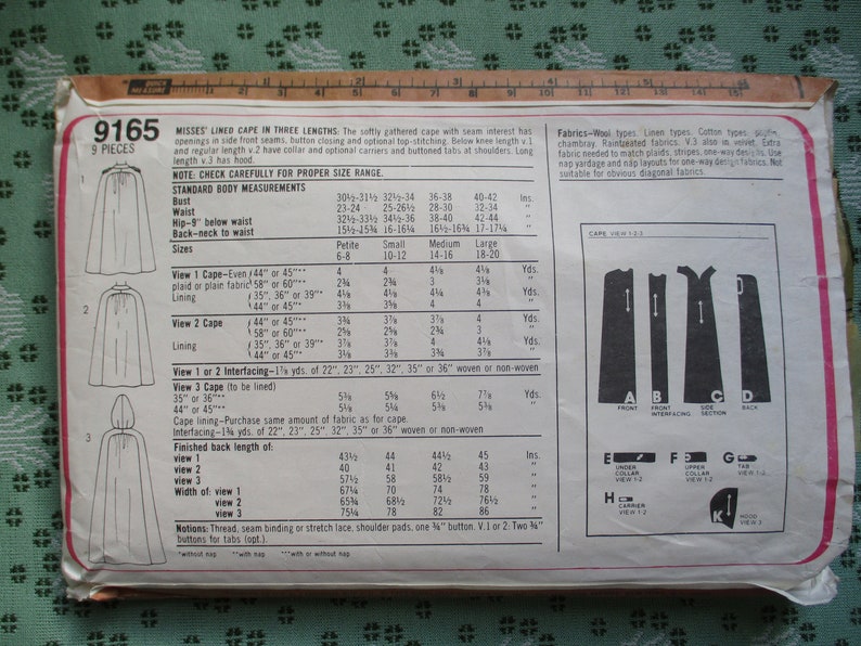 Vintage 1970s Simplicity Sewing Pattern 9165 Misses Lined Cape in Three Lengths Size Medium 14 ...