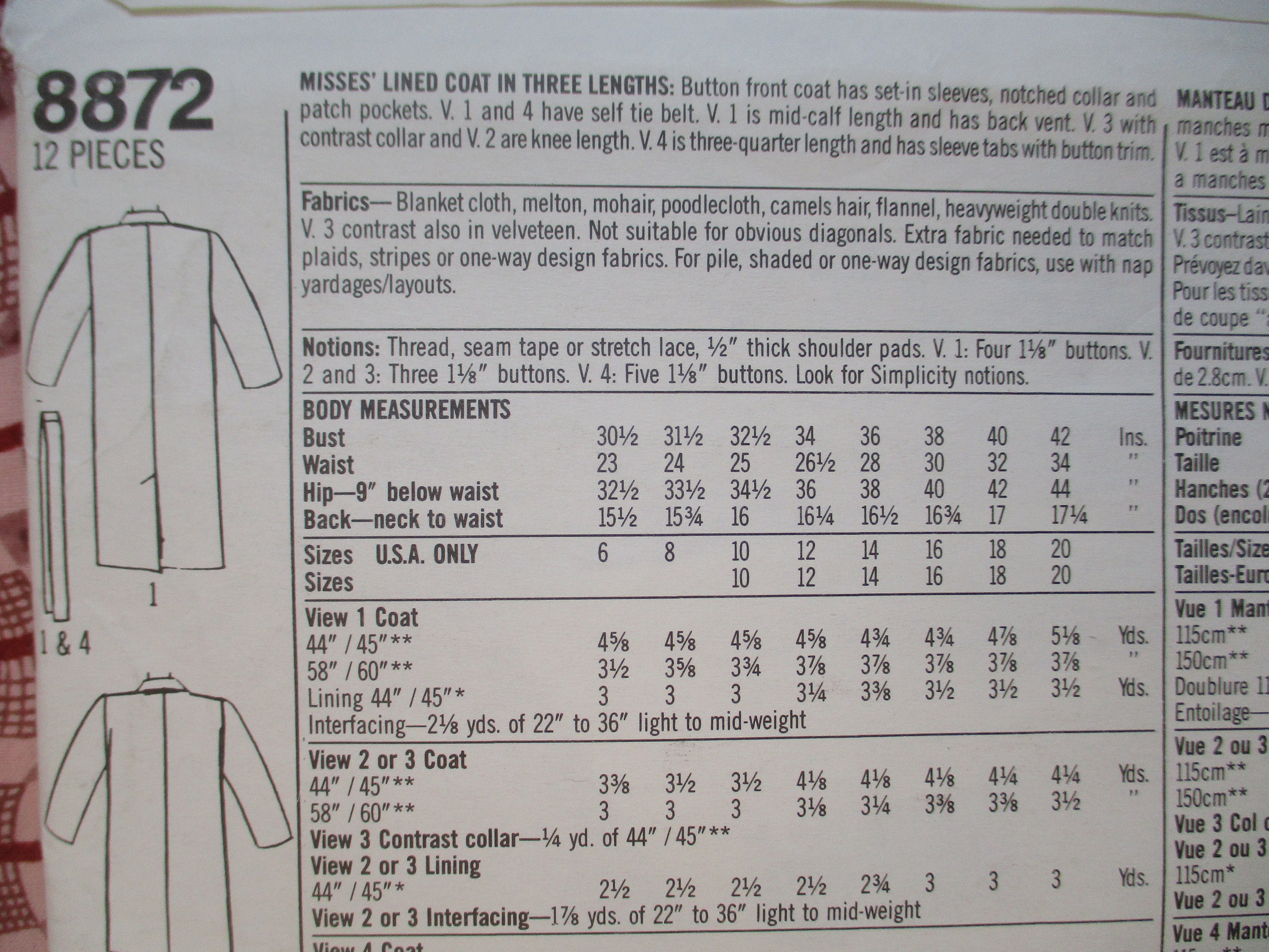 Vintage 1980s Simplicity Sewing Pattern 8872 Misses Lined Coat | Etsy