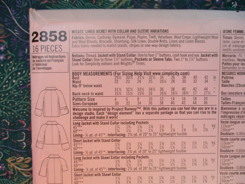 2000s Sewing Pattern Simplicity 2858 Misses Lined Jacket With Collar ...