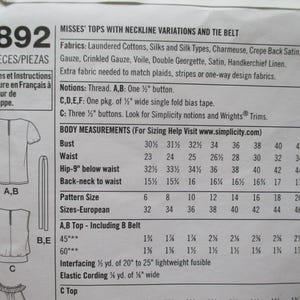 2000s Simplicity Sewing Pattern 2892 Set of Tops With Neck Variations ...