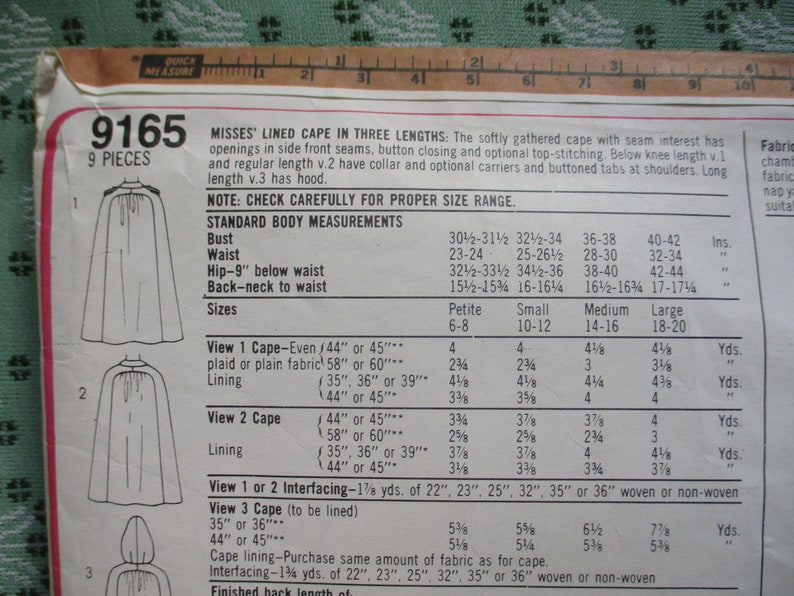 Vintage 1970s Simplicity Sewing Pattern 9165 Misses Lined Cape in Three Lengths Size Medium 14 ...