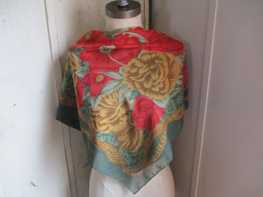 Vintage 1990s Sheer Polyester Scarf Brick Red and Hunter Green Floral ...