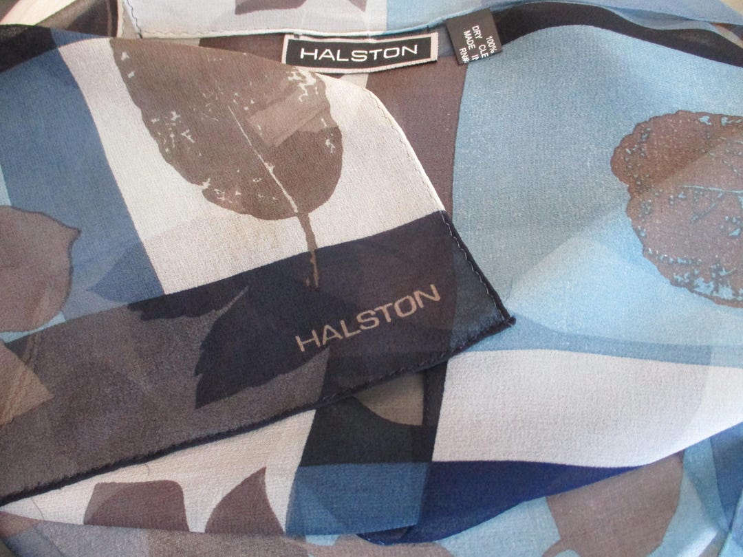 Vintage Halston Designer Silk Scarf Sheer Abstract Leaves Blue Brown ...