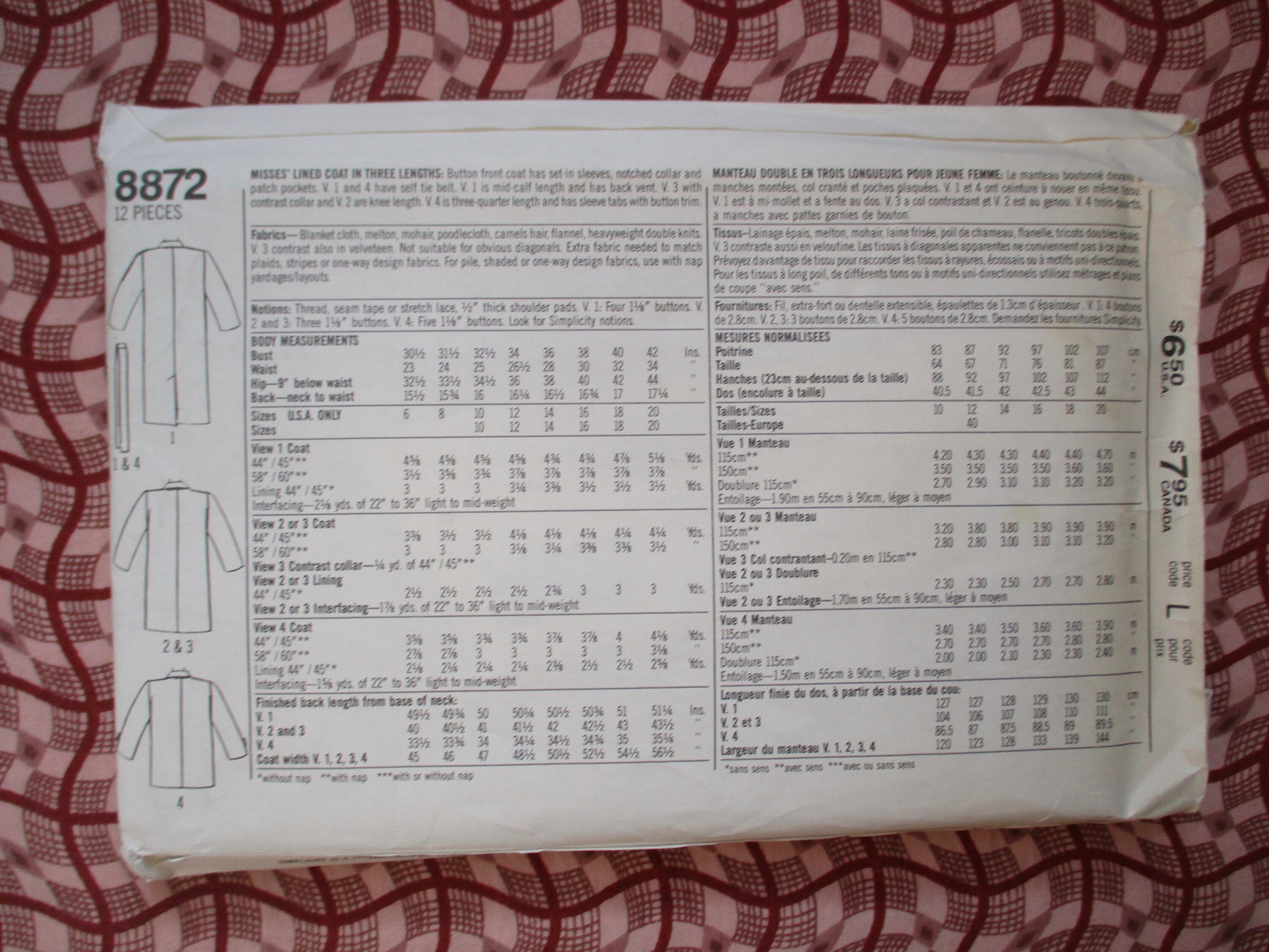 Vintage 1980s Simplicity Sewing Pattern 8872 Misses Lined Coat | Etsy