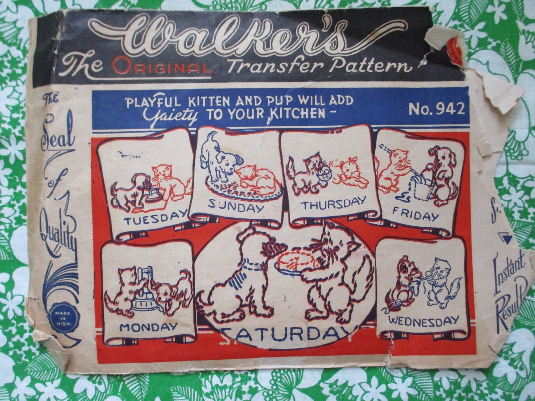 Vintage Walkers Transfer Pattern 942 Playful Kitten and Pup UNUSED - Etsy