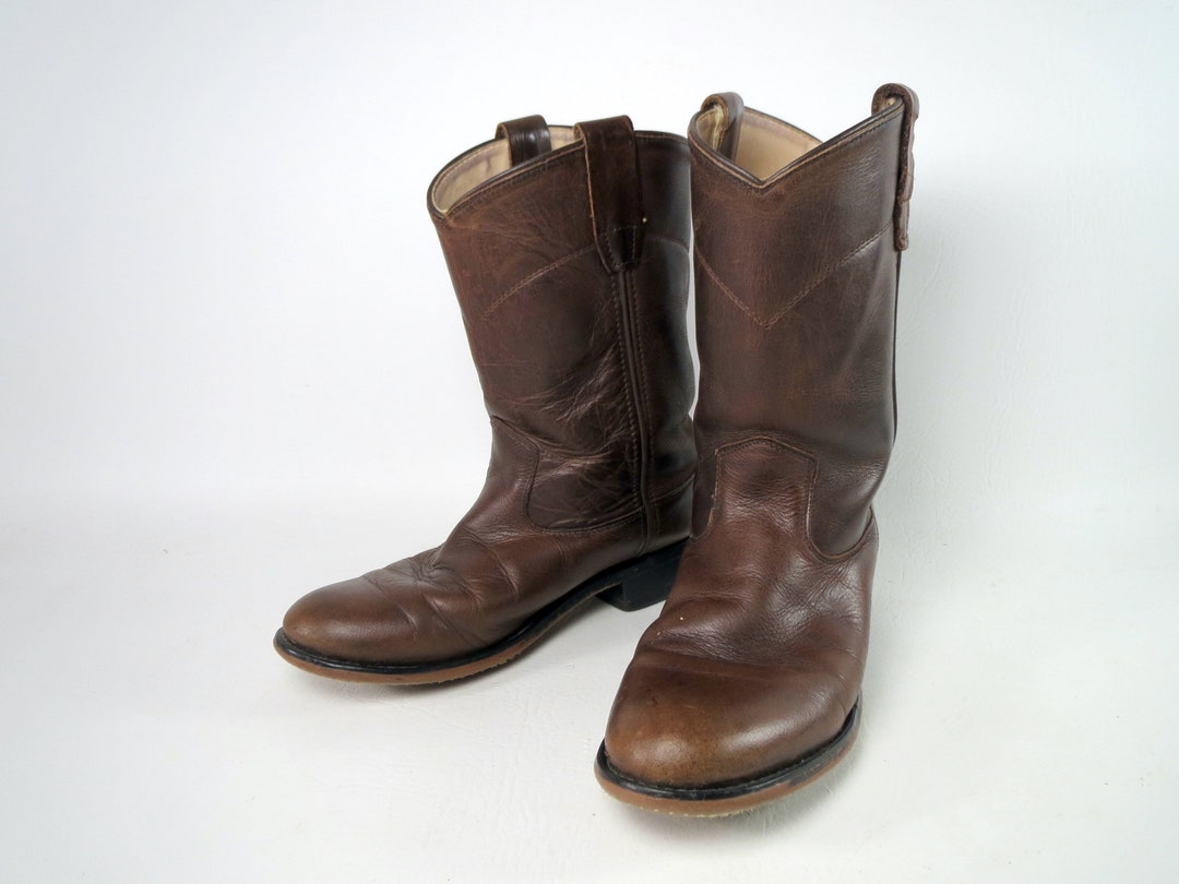 Vintage Brown Leather Cowboy Boots Old West Distressed Short Heel Pull ...