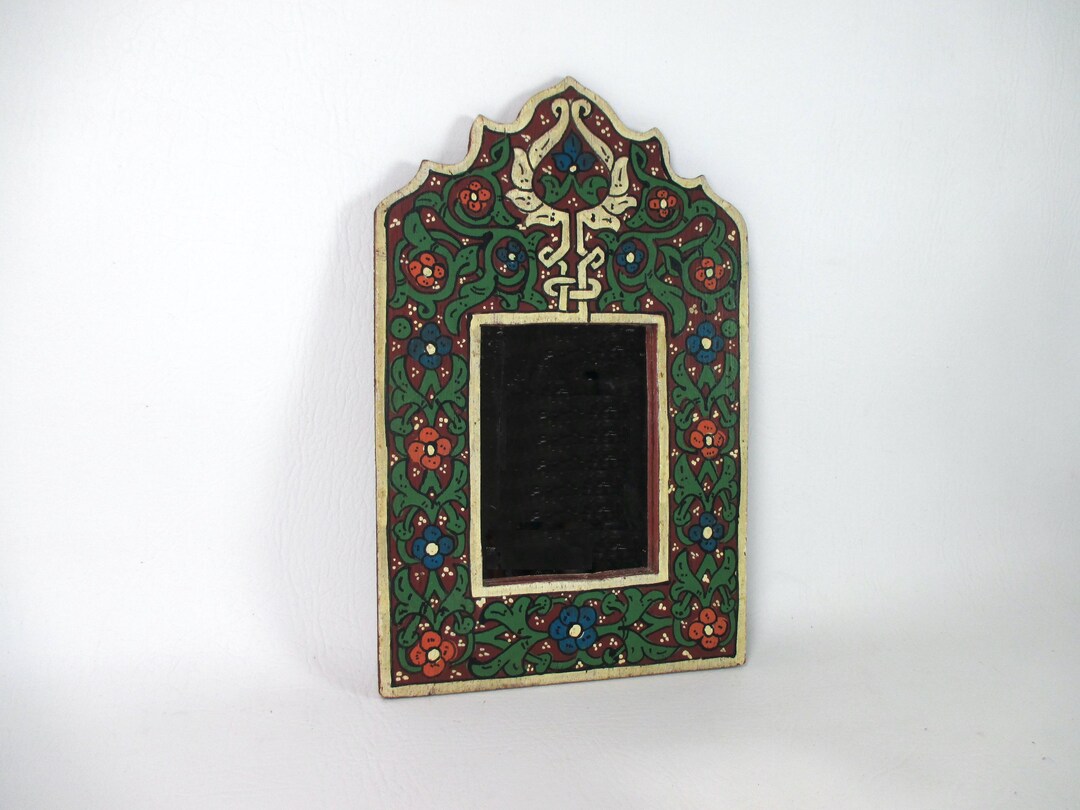 Antique Hand Painted Floral Mirror Moroccan Wood Framed Hanging Vintage ...