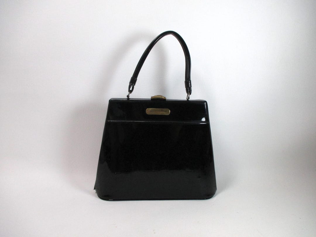 1960s Black Patent Leather-like Bag Mid Century Framed Purse Vintage ...