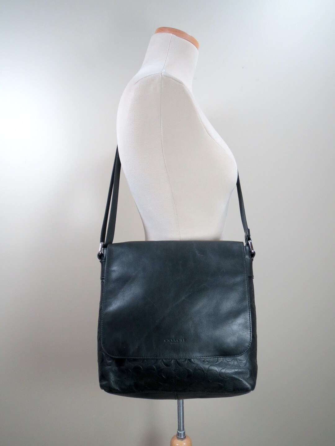 Coach Signature Embossed Charles Black Leather Messenger Bag Slim ...