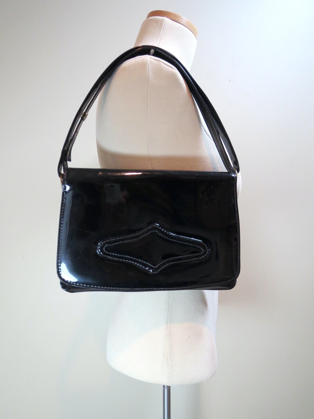 Black Patent Leather Like Shoulder Bag Shiny Vinyl Convertible Purse ...