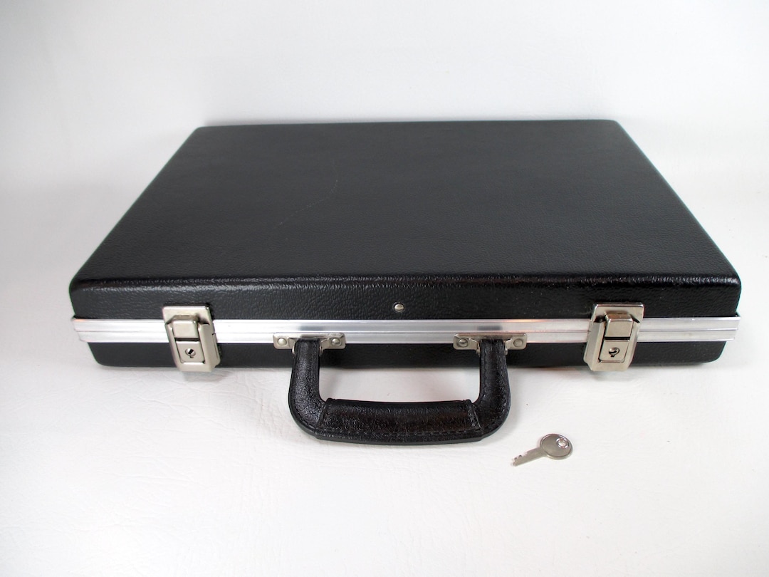 Vintage Hard Sided Locking Briefcase W Key Black Pebbled Slimline ...