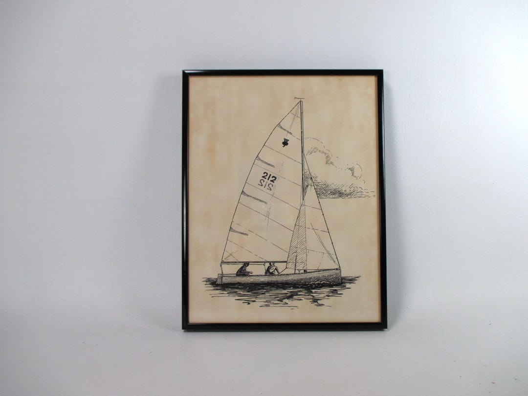 Sailboat Pen & Ink Drawing Print Vintage Black and White Framed ...
