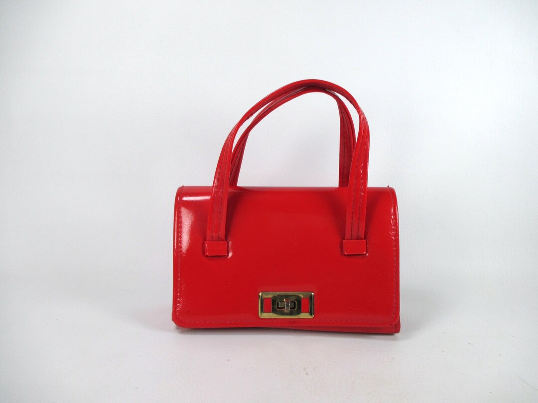 1960s Red Shiny Vinyl Top Handle Bag Mid Century Fold Over Flap Purse ...