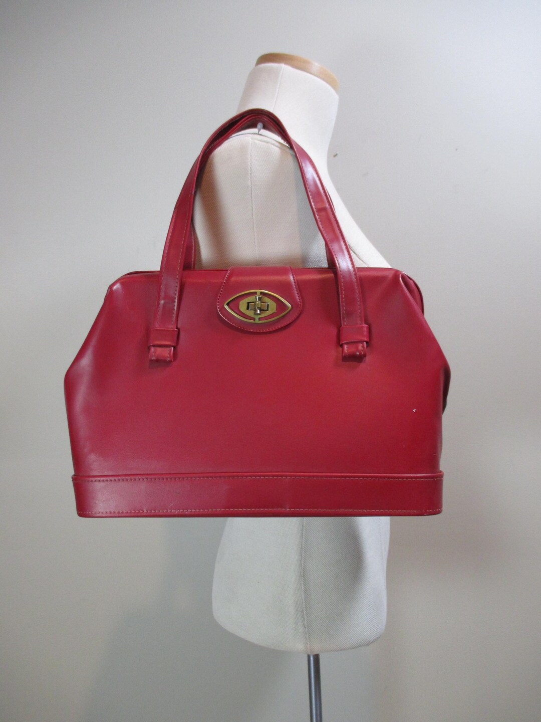 1960s Red Vinyl Purse Leatherette Satchel Mid Century Top Handle Bag ...
