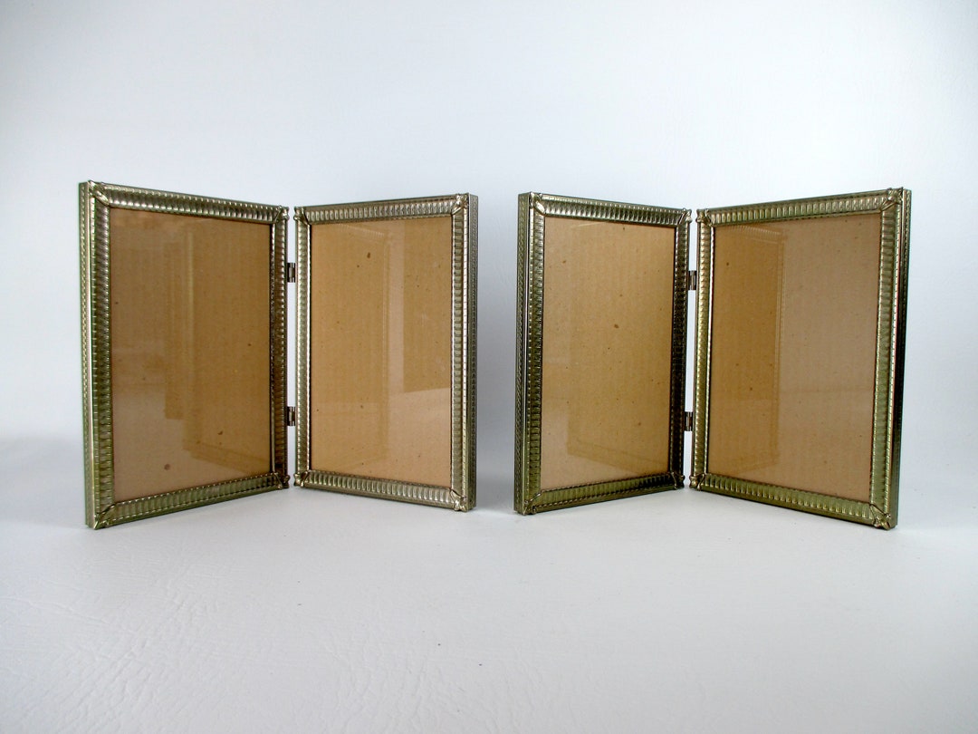Pair Matching Bi-fold Gold Metal Picture Frames Vintage Ornate Table ...