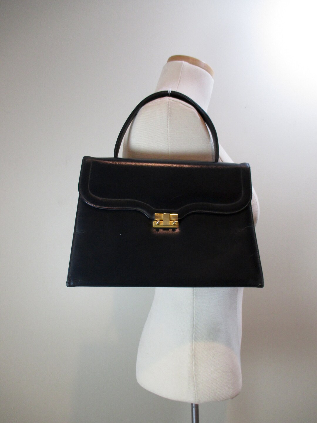 Vintage Blue Leather Handbag Fold Over Flap Purse Structured Top Handle ...