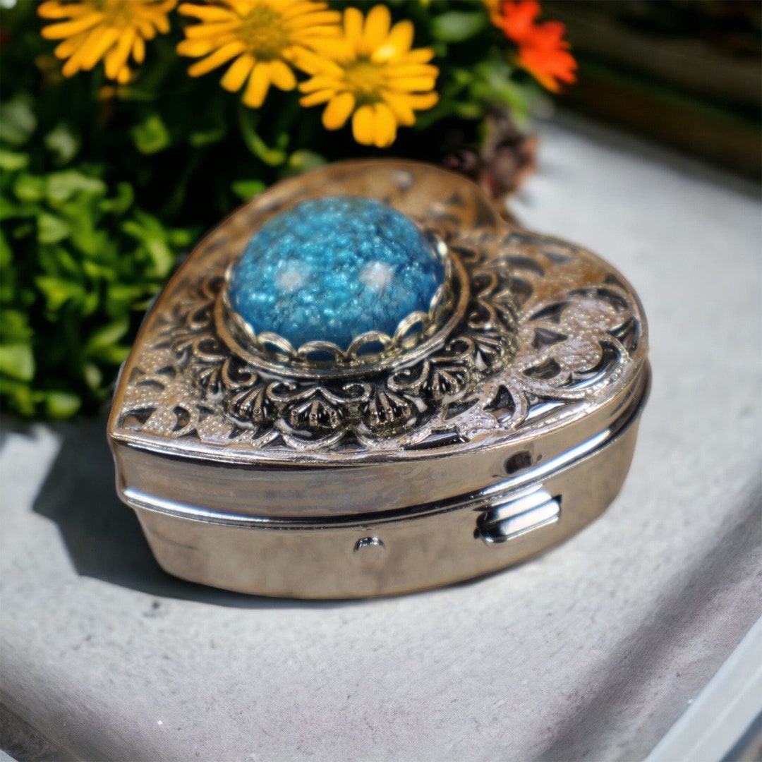 Aqua Blue Glass Opal Silver Music Box Locket, Photo Locket, Music Box ...