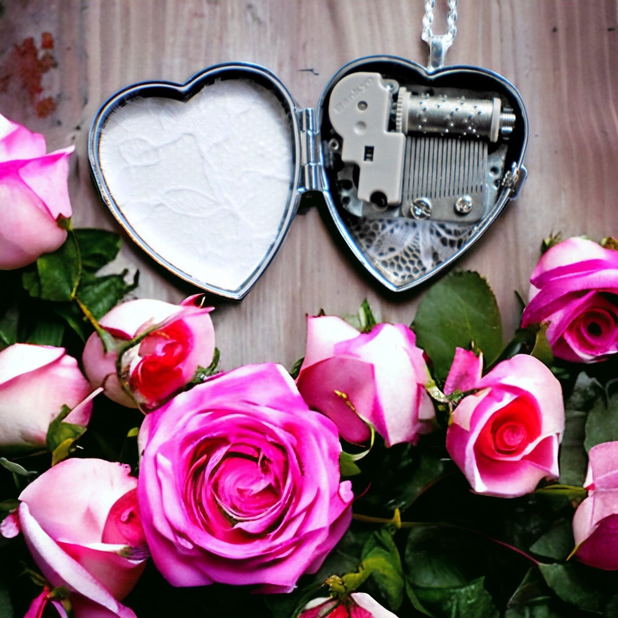 Black Rose Heart Music Box Locket Necklace: Silver Filigree Musical ...
