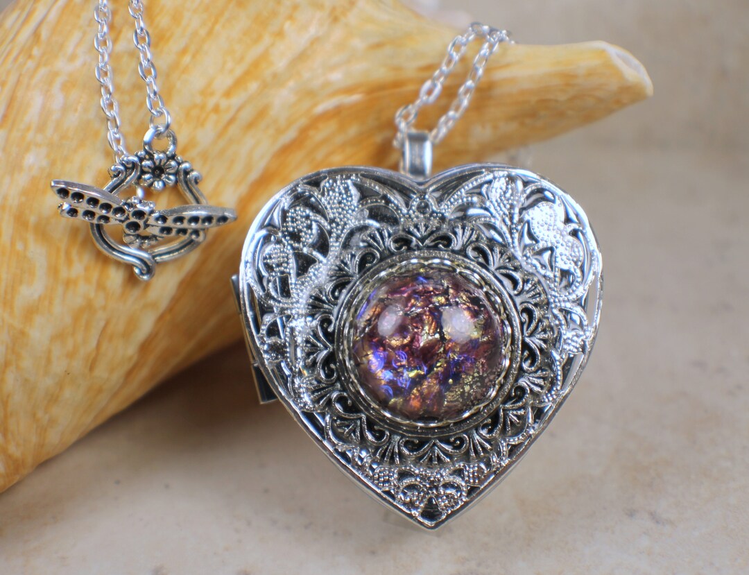 Amethyst Glass Opal Silver Music Box Locket, Photo Locket, Music Box ...