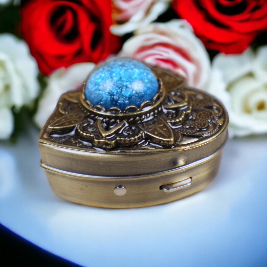 Aqua Glass Opal Heart Music Box Locket: Bronze Filigree Pendant - Etsy