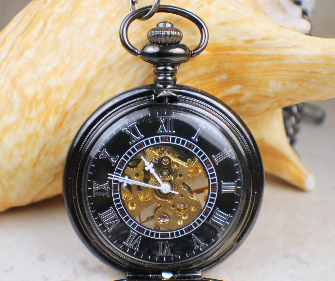 Indian Chief Mechanical Pocket Watch: Black & Bronze, Tiger Eye Chain ...
