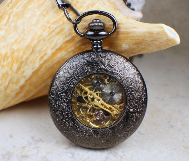 Indian Chief Mechanical Pocket Watch: Black & Bronze, Tiger Eye Chain ...
