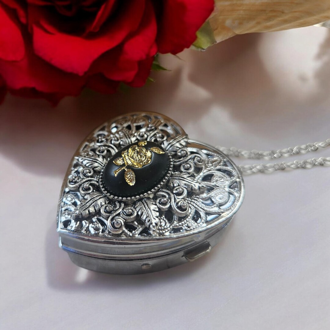 Black Rose Music Box Locket, Music Box Necklace, Mini Music Box ...