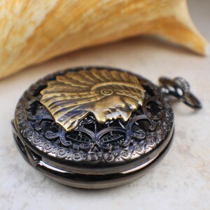 Indian Chief Mechanical Pocket Watch: Black & Bronze, Tiger Eye Chain ...
