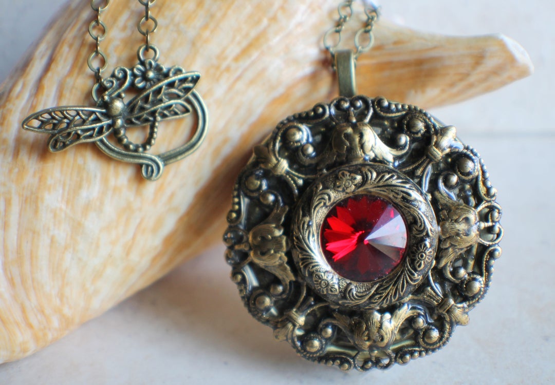 Red Crystal Music Box Locket, Music Box Necklace, Mini Music Box ...