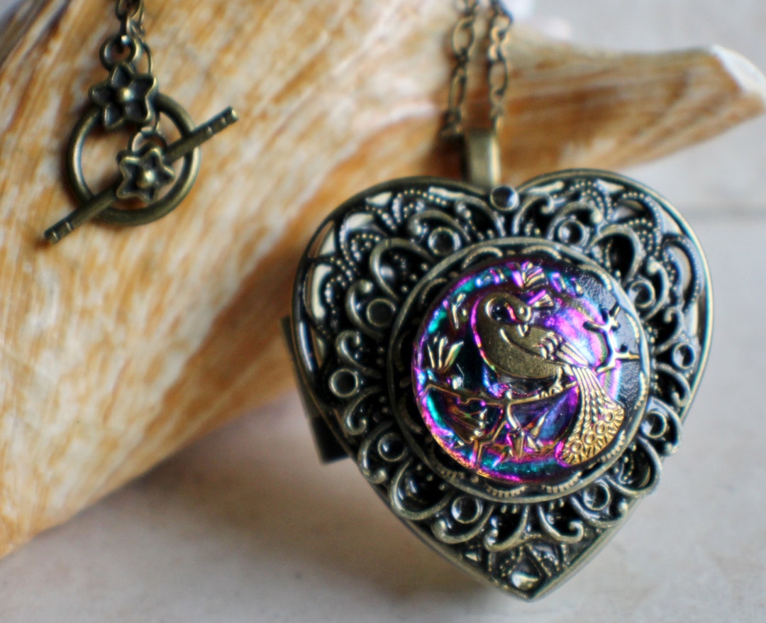 Peacock Music Box Locket, Heart Shaped With Bronze Accents. - Etsy